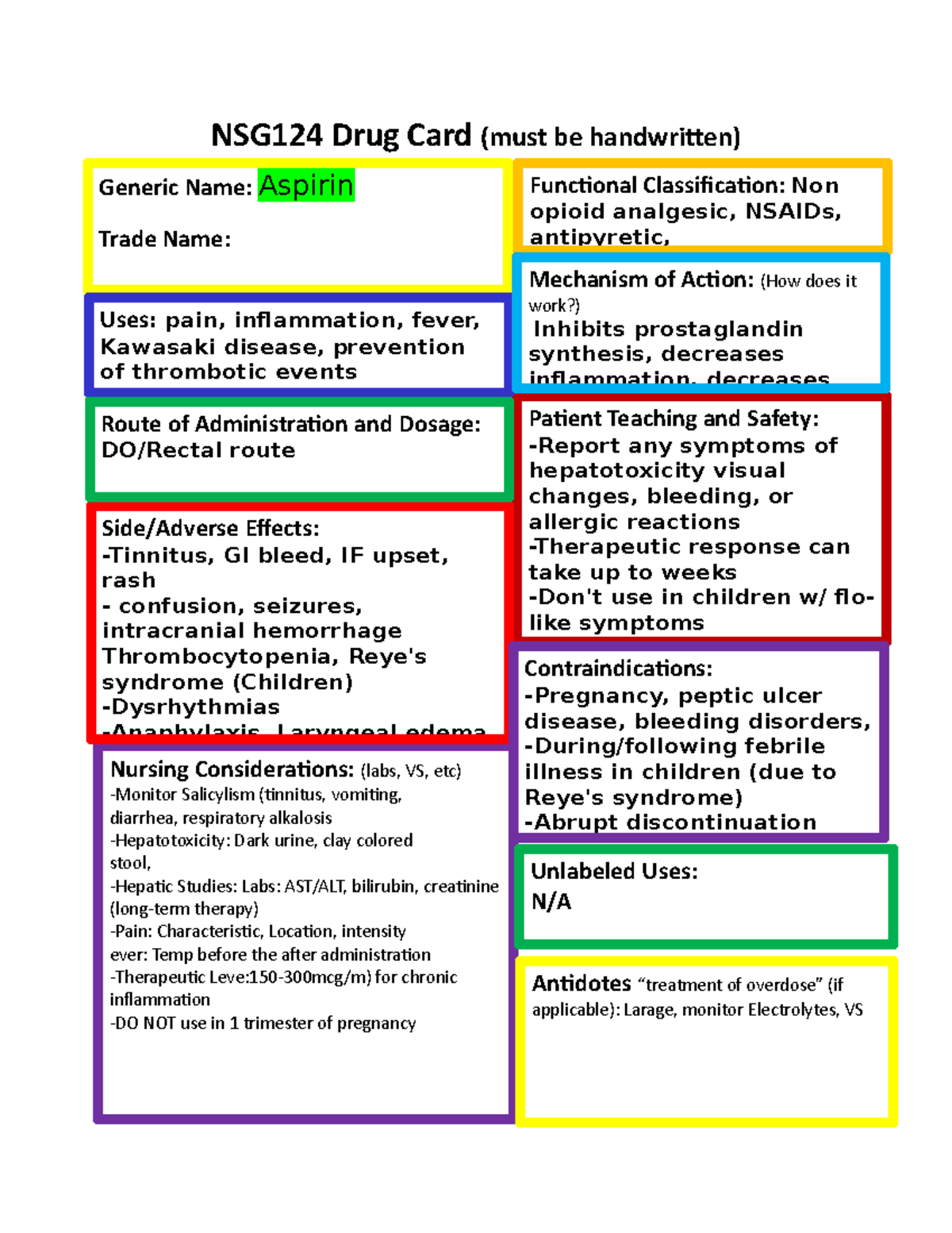 Asprin drug card - work - NSG124 Drug Card (must be handwritten ...