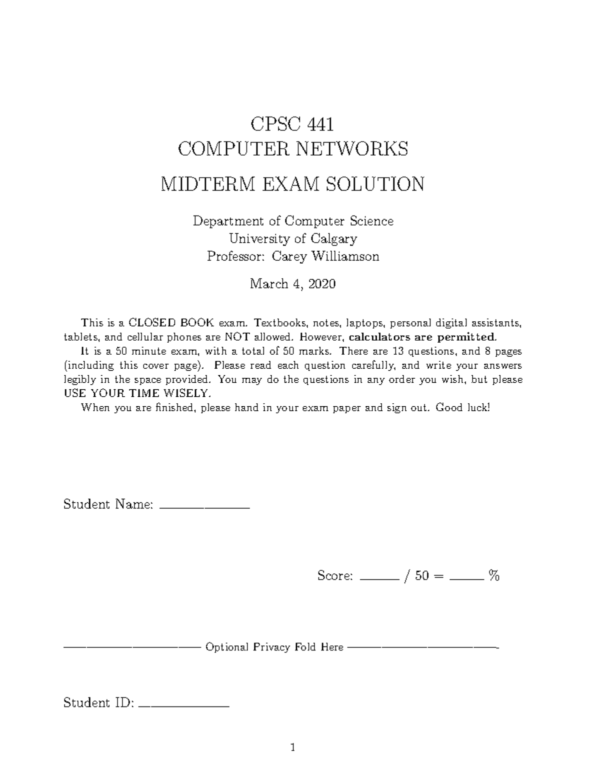 Midterm-solution - help - CPSC 441 COMPUTER NETWORKS MIDTERM EXAM SOLUTION Department of ...