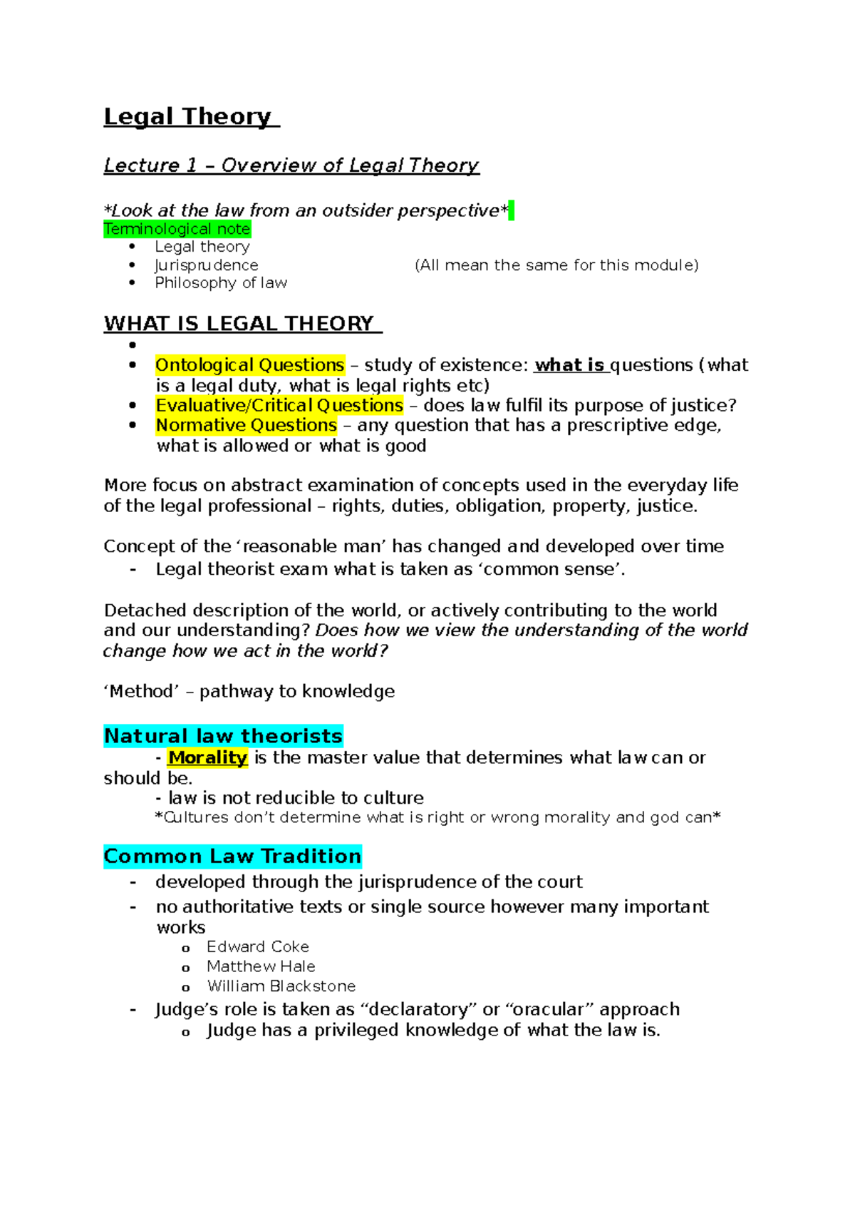 Legal Theory 1 - lecture notes - Legal Theory Lecture 1 – Overview of ...