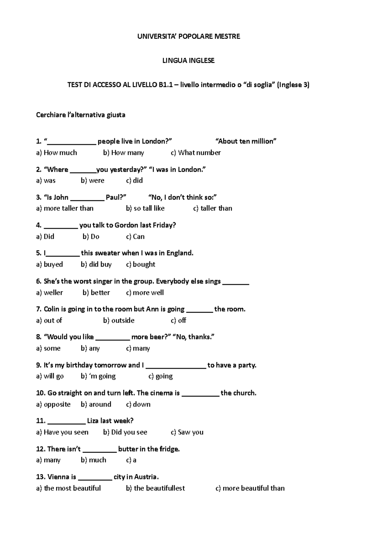 Test-livello-B1 - test lingua inglese - UNIVERSITA’ POPOLARE MESTRE ...
