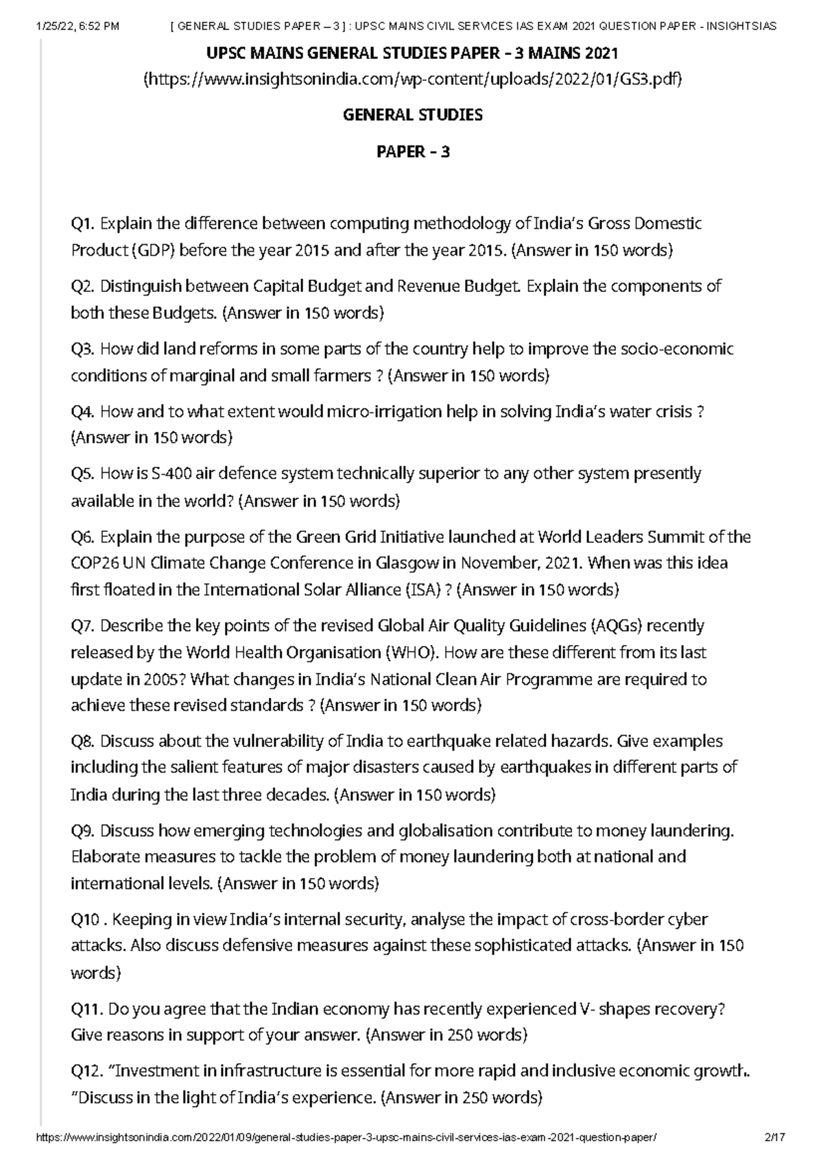 [ General Studies Paper – 3 ] UPSC Mains Civil Services IAS EXAM 2021 ...