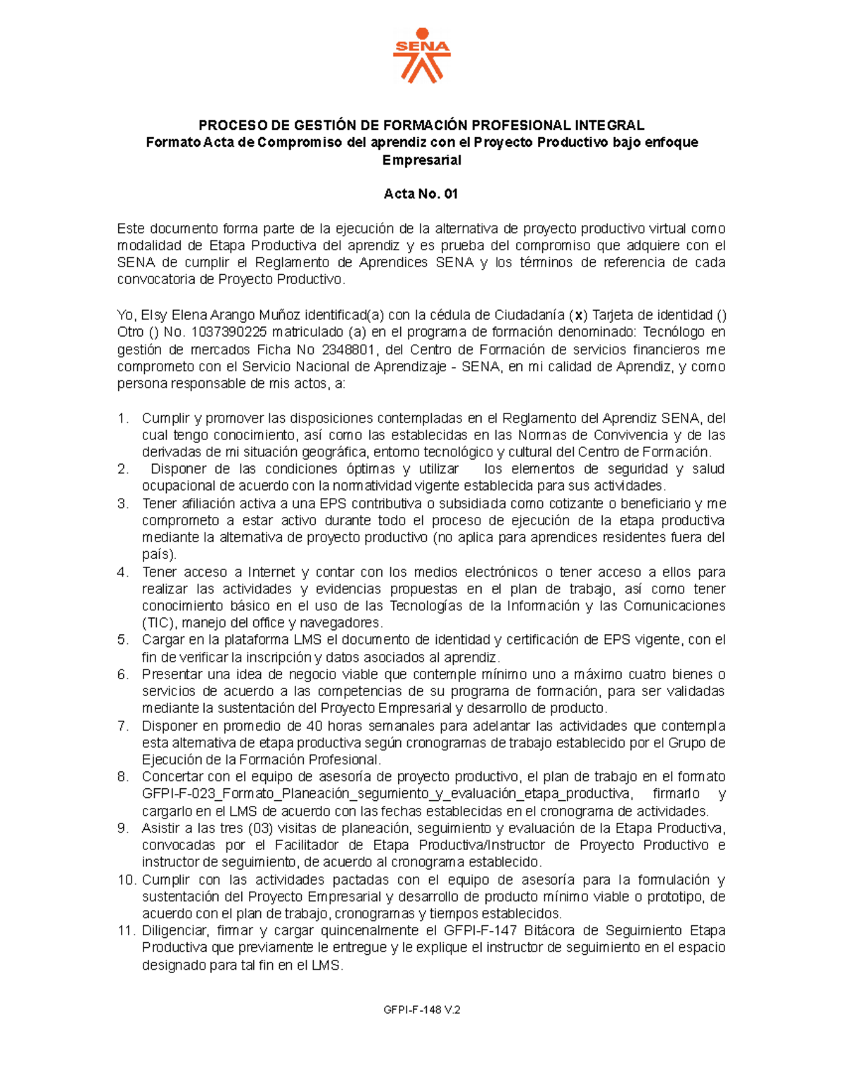 Acta de Compromiso del Aprendiz real - PROCESO DE GESTIÓN DE FORMACIÓN PROFESIONAL INTEGRAL ...