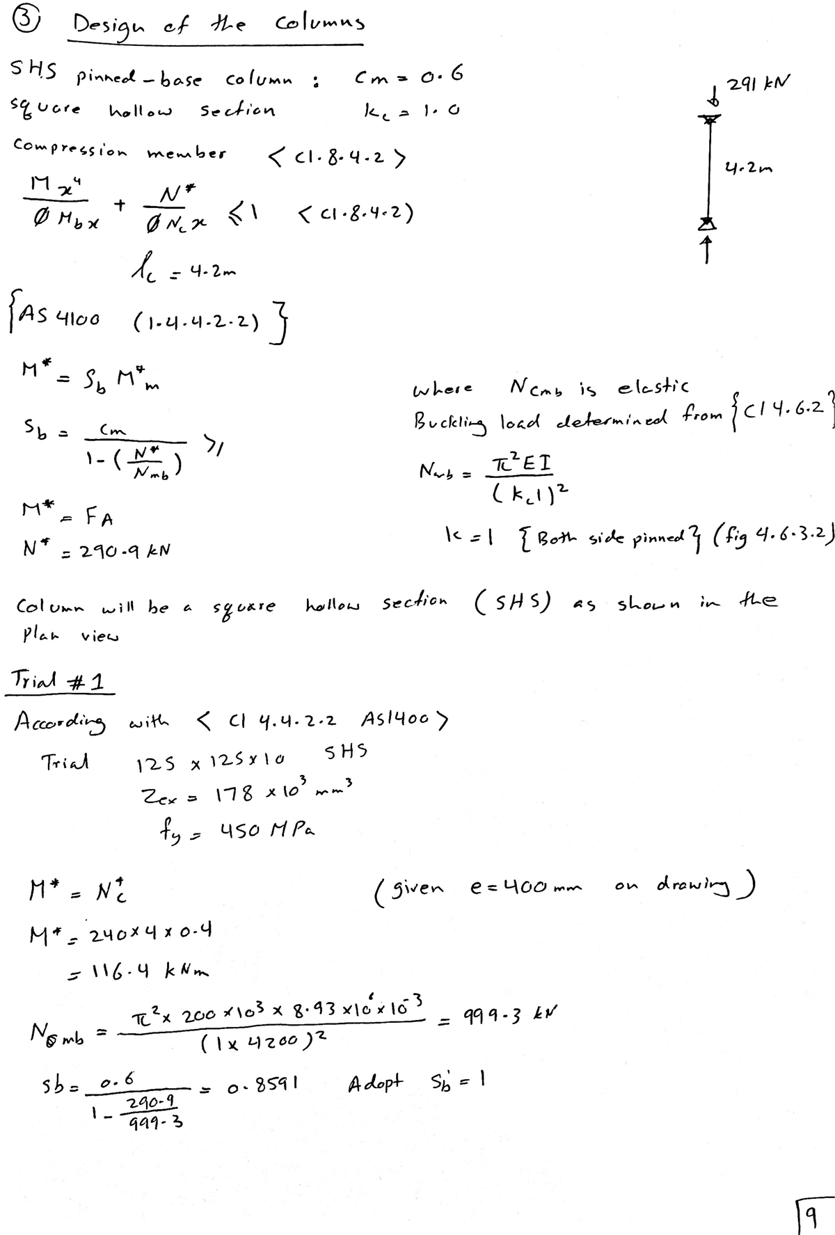 09 - Assignment - 3 Design of the columns SHS column : 291 KN square ...