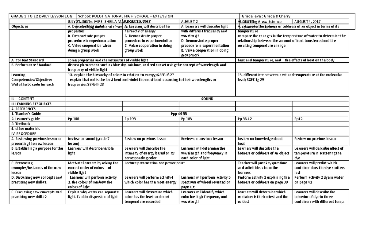 Light-dll-grade-8 compress - GRADE 1 TO 12 DAILY LESSON LOG School ...