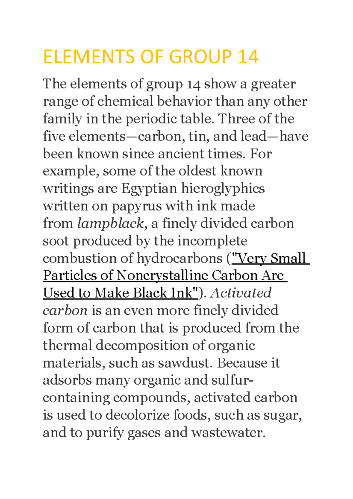 Elements OF Group 14 - Lecture notes - ELEMENTS OF GROUP 14 The ...