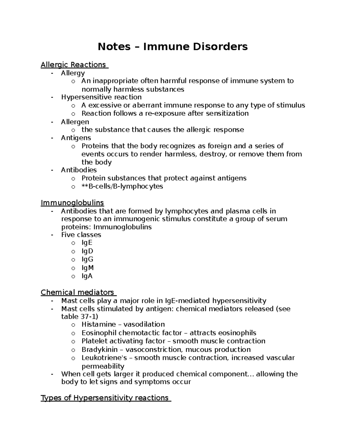 Notes - T2 . Immune Disorders - Notes – Immune Disorders Allergic ...