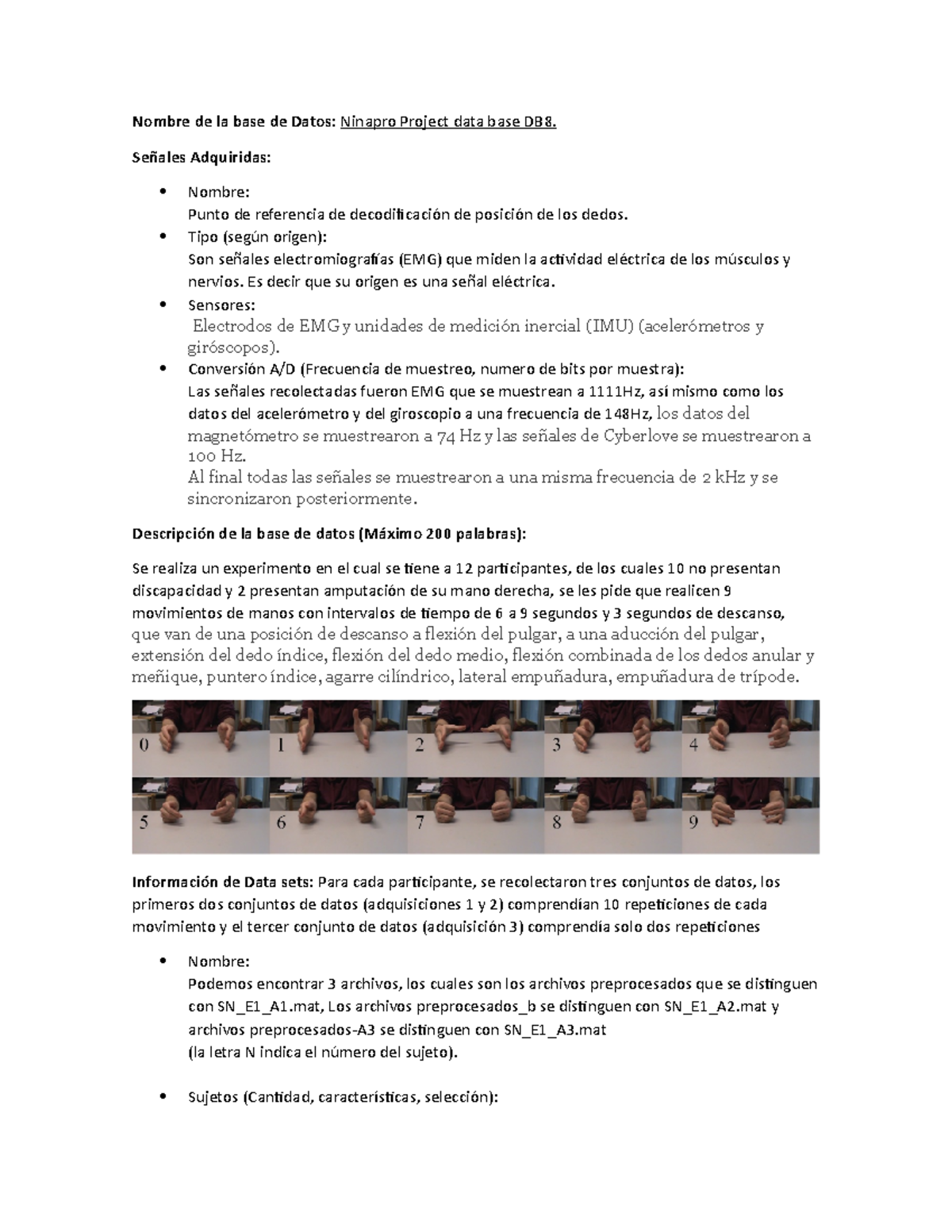 Ninapro Project data base DB8 - Señales Adquiridas: Nombre: Punto de referencia de ...
