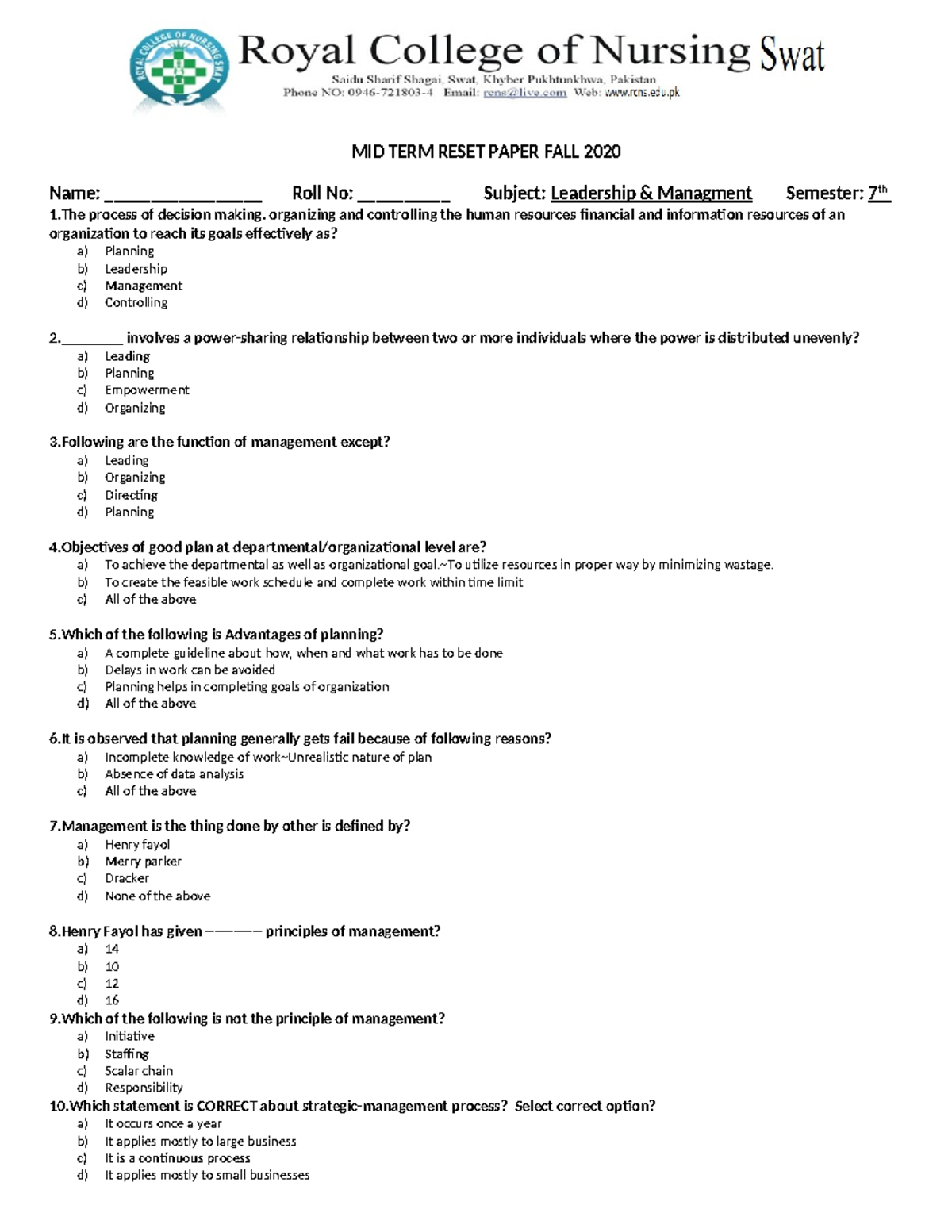 L And Management 1 - Past paper kmu - MID TERM RESET PAPER FALL 2020 ...