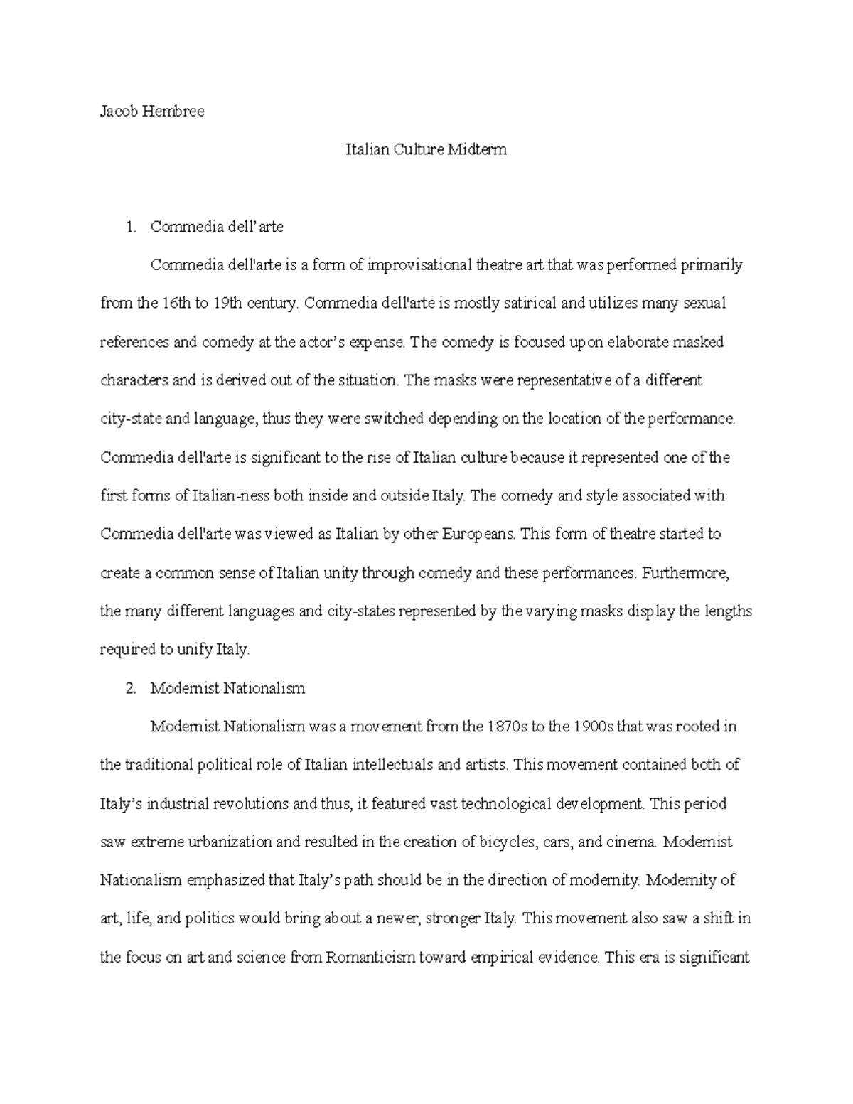 Ital 20x Midterm - Jacob Hembree Italian Culture Midterm Commedia dell ...
