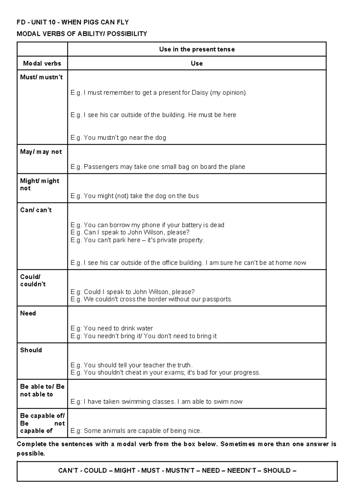 [FD][Unit 10] - Offcial Inclass handout - FD - UNIT 10 - WHEN PIGS CAN ...