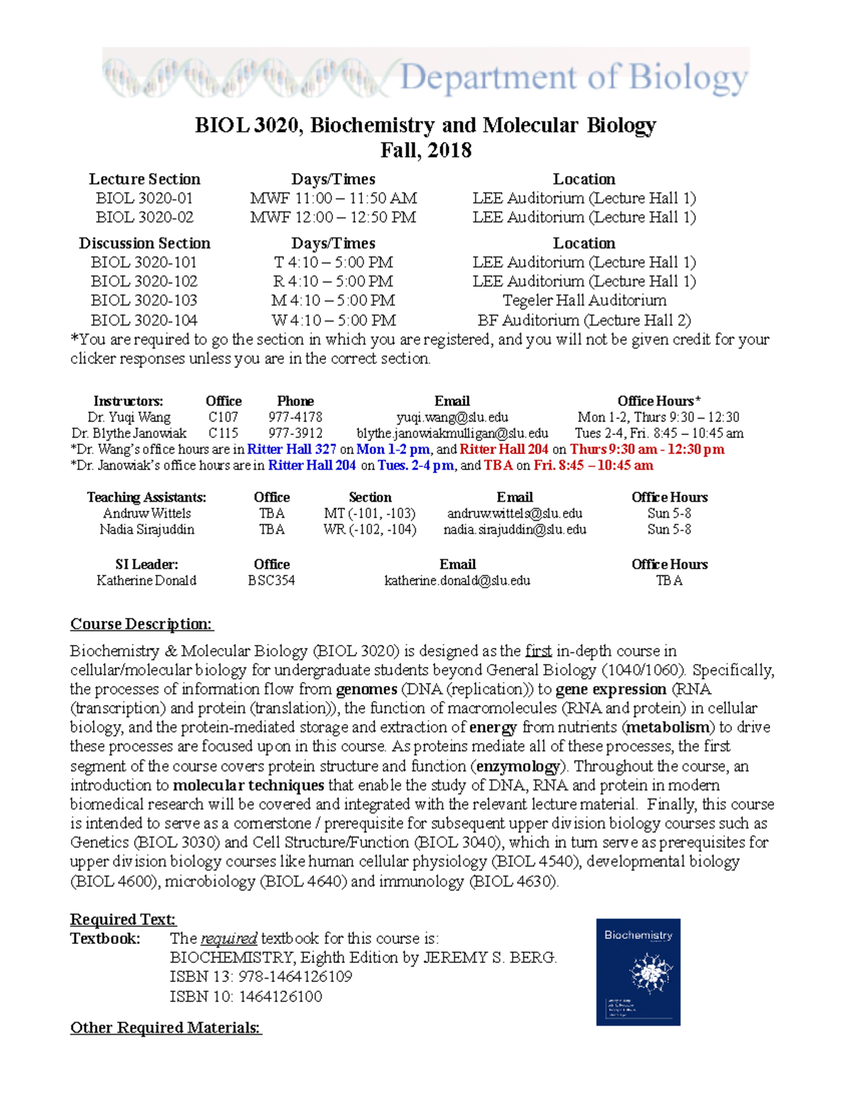Biochem syllabus - summary of corse - BIOL 3020, Biochemistry and ...