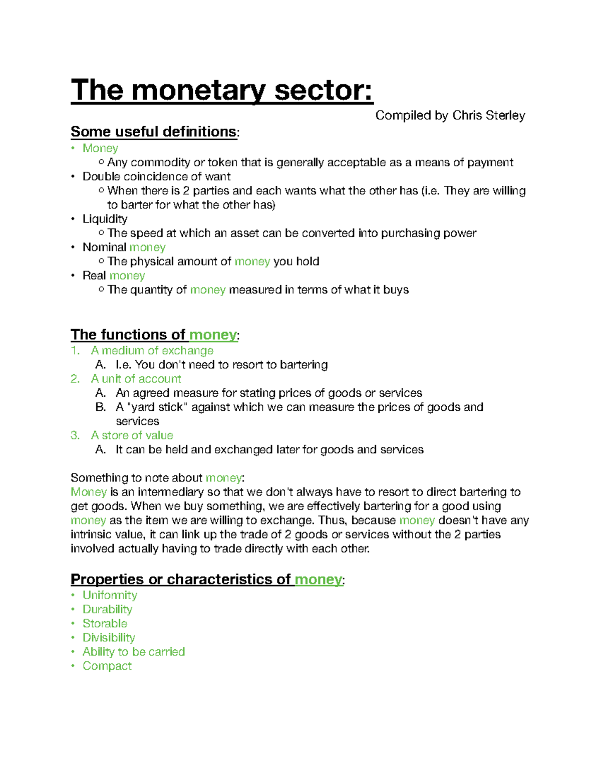 Summary week 7 - The monetary sector: Some useful definitions: Compiled ...
