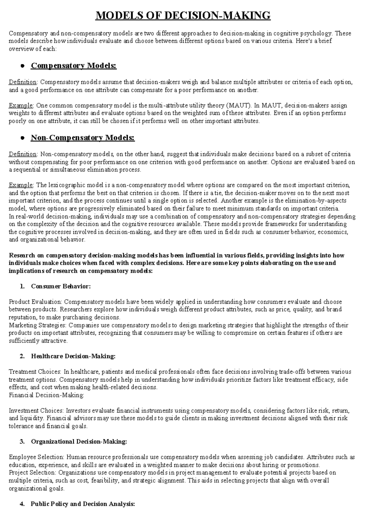Decision Making - notes - MODELS OF DECISION-MAKING Compensatory and ...