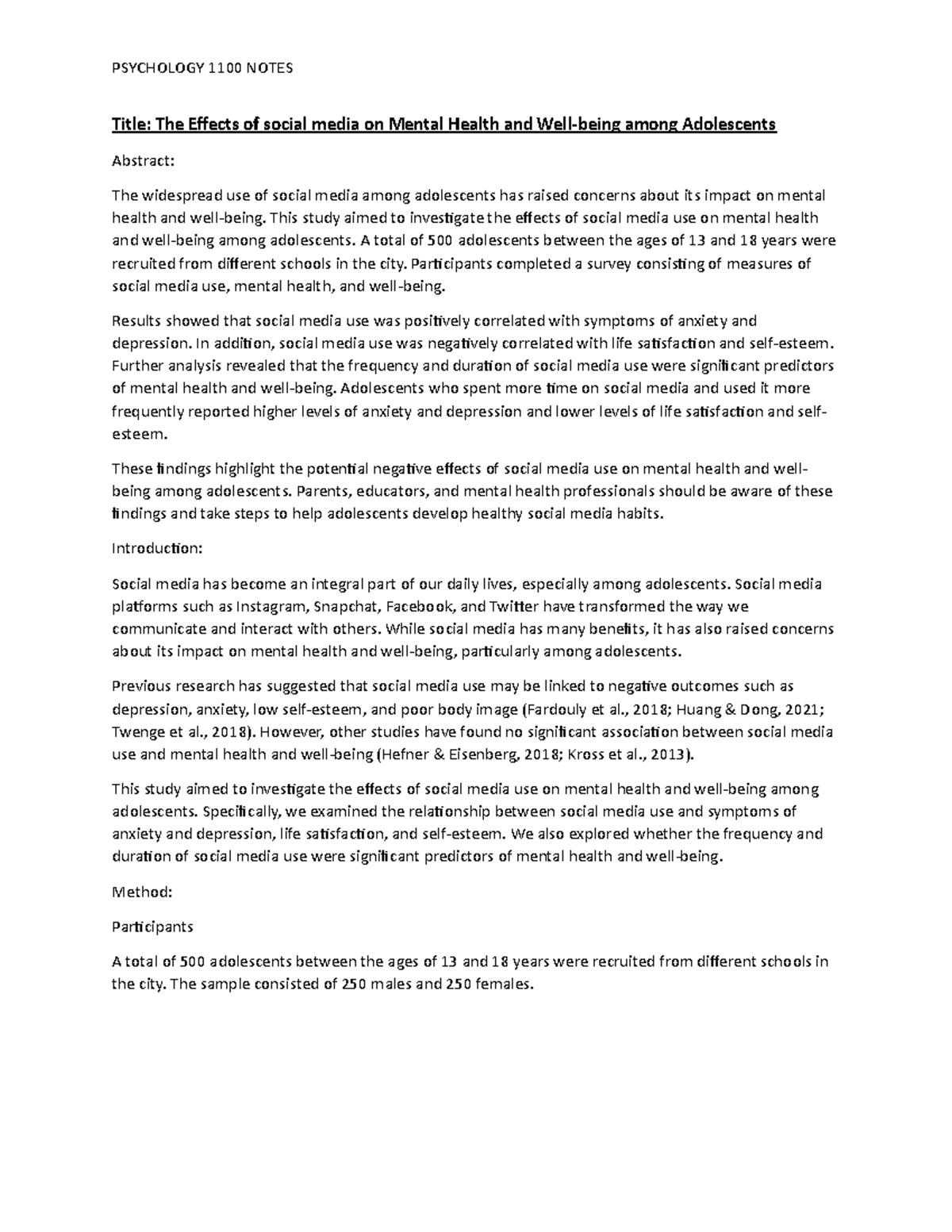 PSY Studoc 2 - psychology 1100 notes - PSYCHOLOGY 1100 NOTES Title: The ...