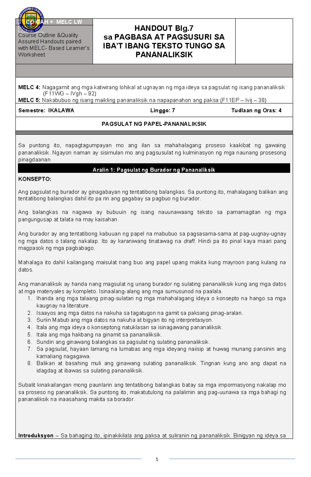 Pagbasa HO7 W7 - CO QAH + MELC LW HANDOUT Blg. sa PAGBASA AT PAGSUSURI ...