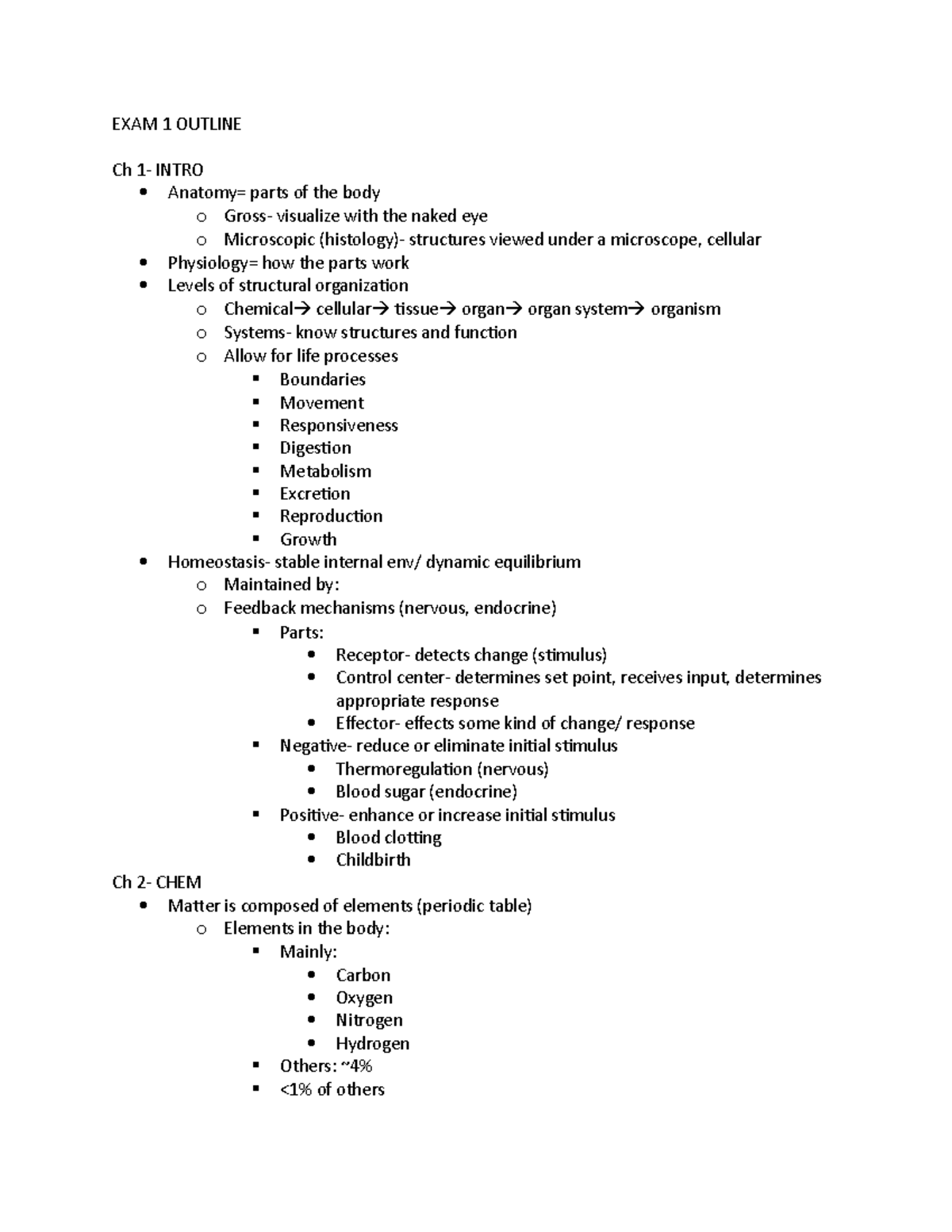 EXAM 1 Outline -001 - EXAM 1 OUTLINE Ch 1- INTRO Anatomy= parts of the ...