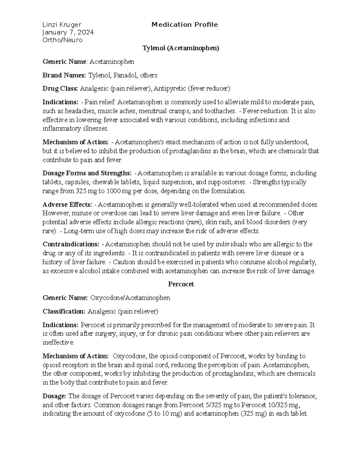 Medication Profile final - January 7, 2024 Ortho/Neuro Tylenol ...