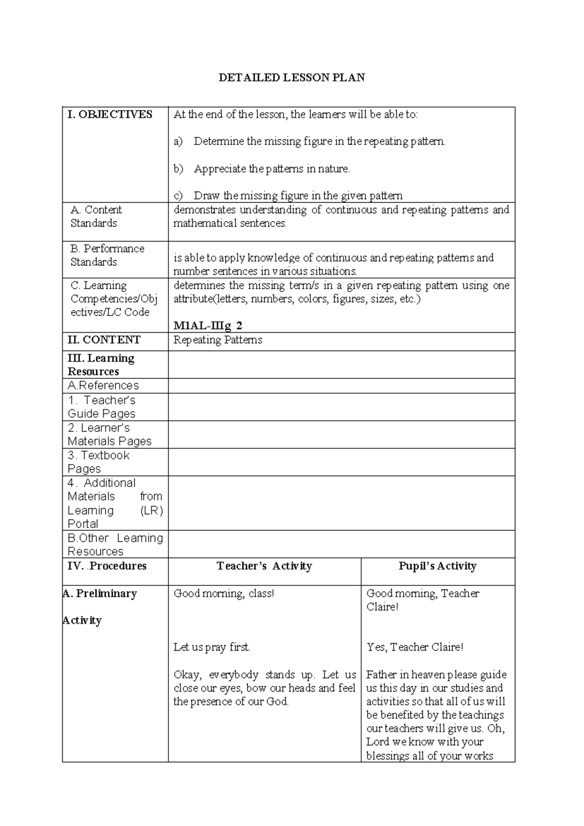 Detailed Lesson PLAN IN MATH - DETAILED LESSON PLAN I. OBJECTIVES At ...
