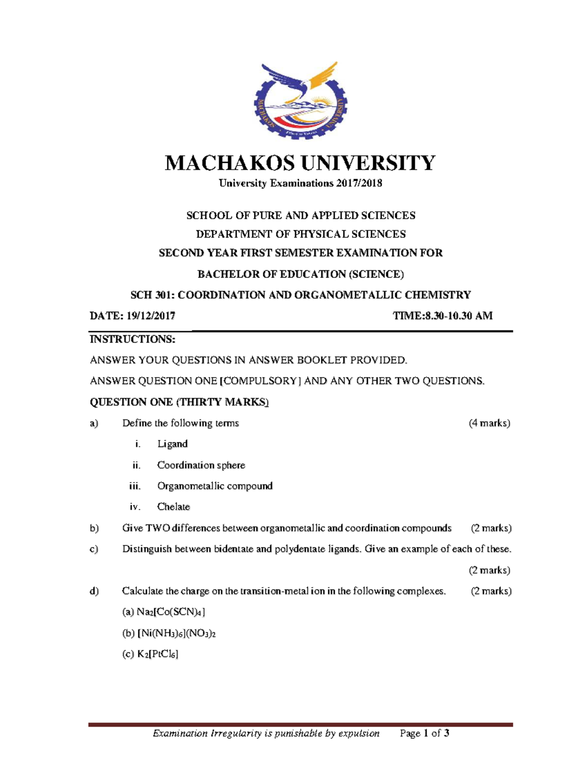 SCH 301 Exam - Examination Irregularity is punishable by expulsion Page ...