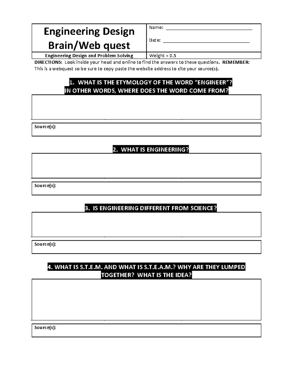 Engineering Design Webquest 2017 - Engineering Design Brain/Web quest ...