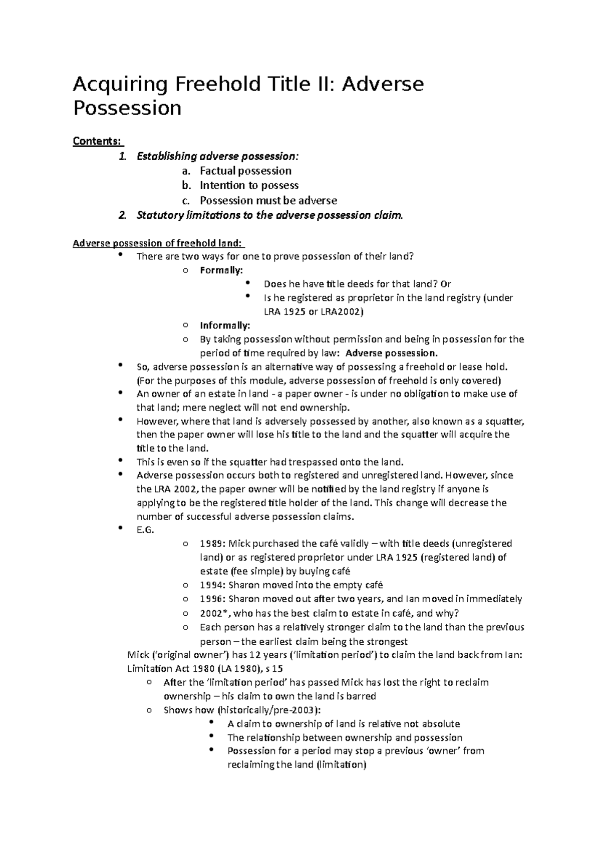 Acquiring Freehold Title II Adverse Possession - Acquiring Freehold ...