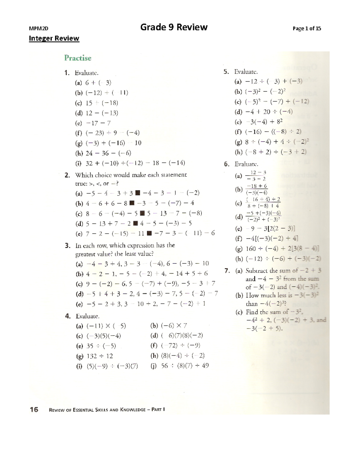 Grade 9 Review Package with Solutions (2020) - 1510 - Integer Review ...