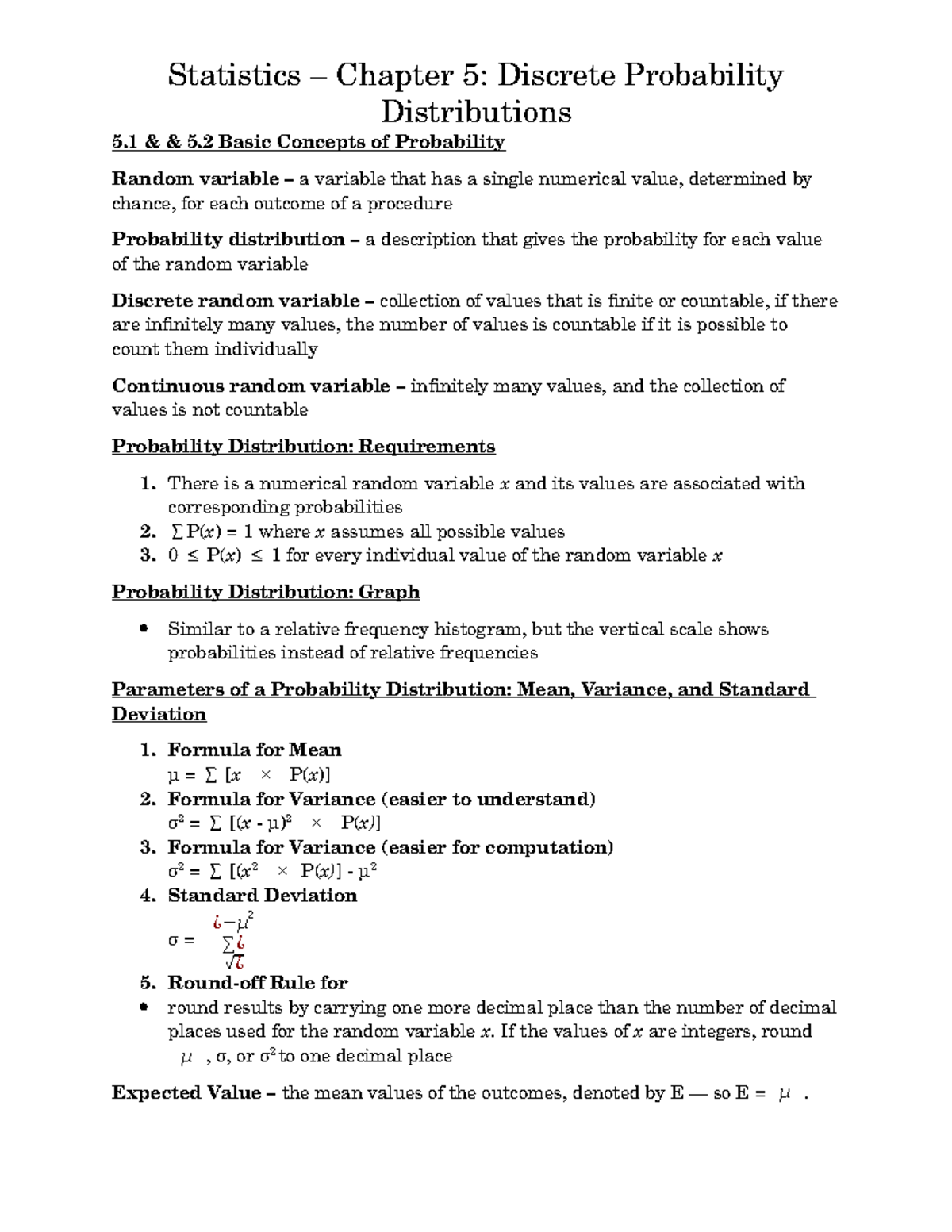 Chapter 5 Discrete Probability Distributions - ∑P(x) = 1 where x ...