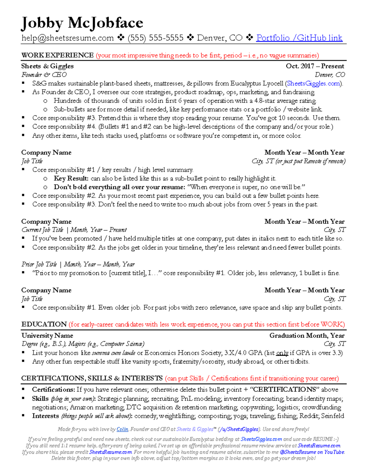 Qrdocs - Jobby McJobface help@sheetsresume ( 555 ) 555 - 5555 Denver ...