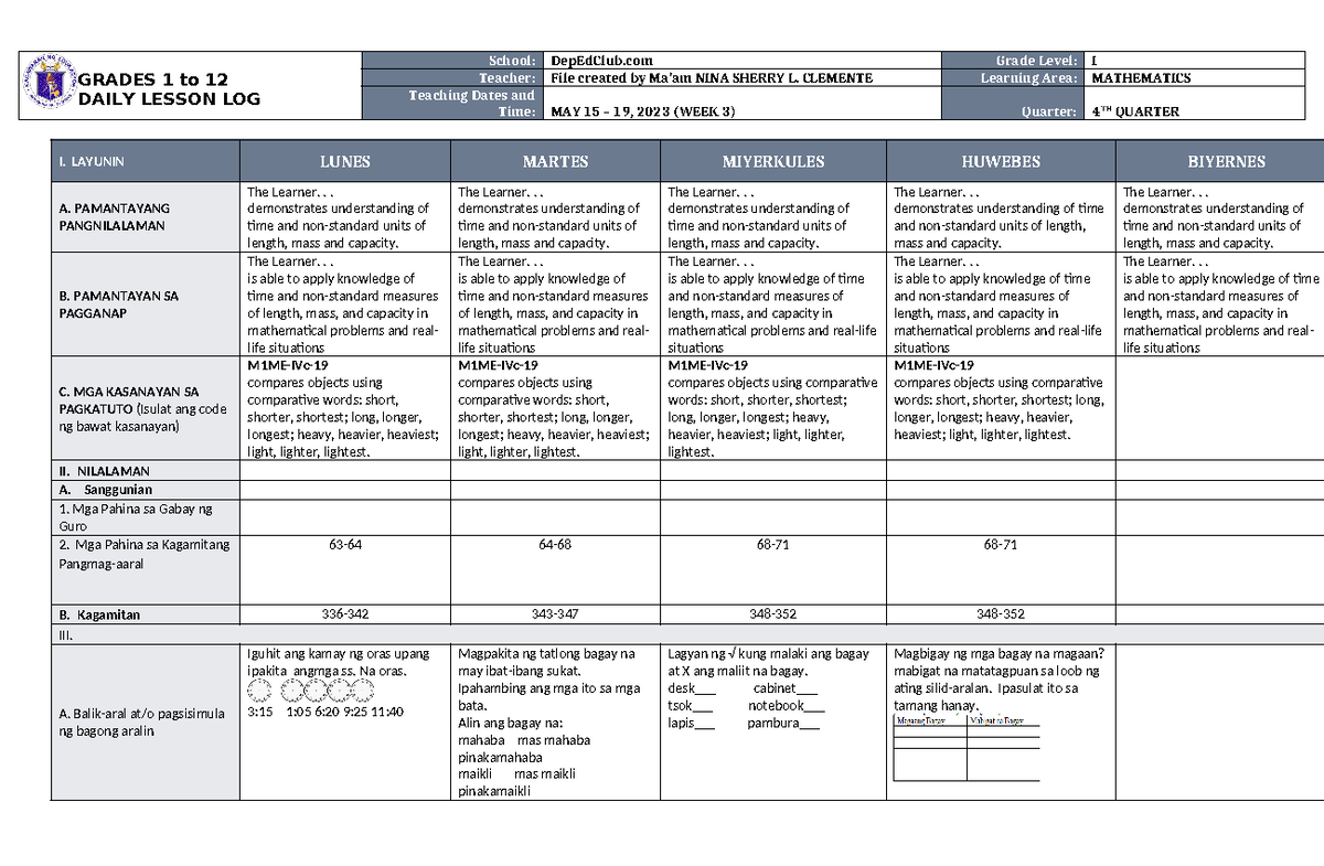 DLL Mathematics-1 Q4 W3 - GRADES 1 to 12 DAILY LESSON LOG School ...