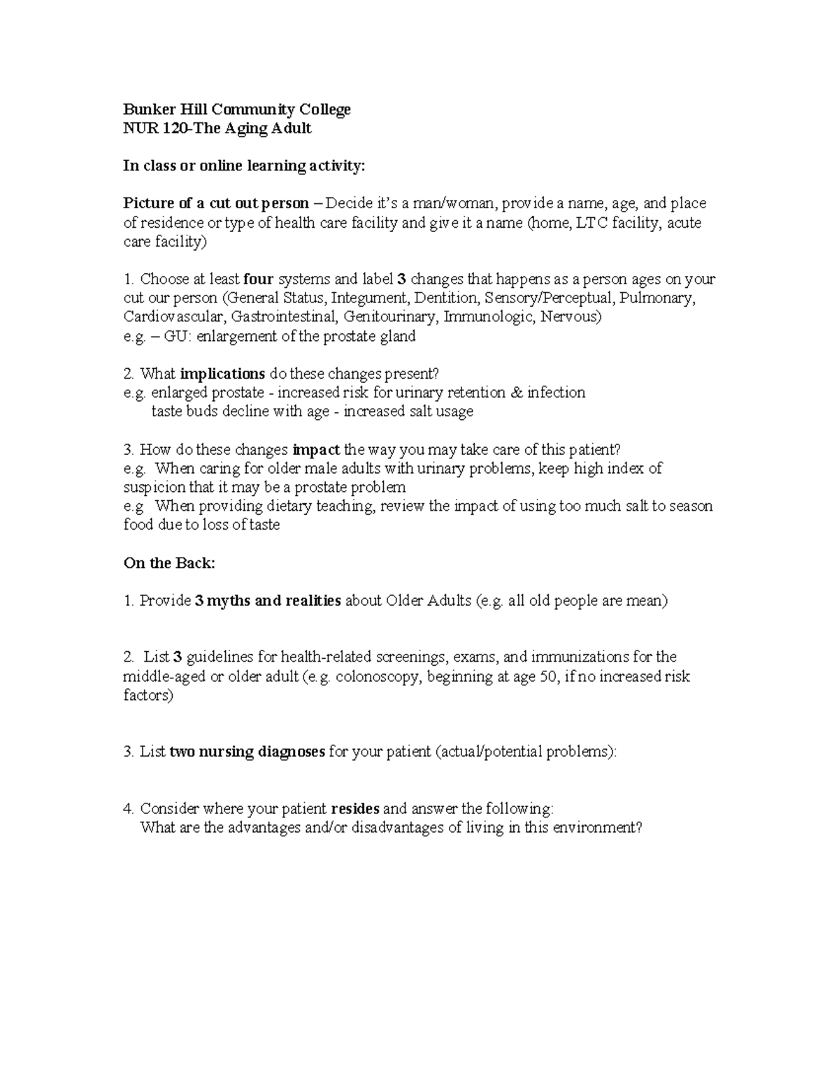 Learning activity older adults - Bunker Hill Community College NUR 120 ...