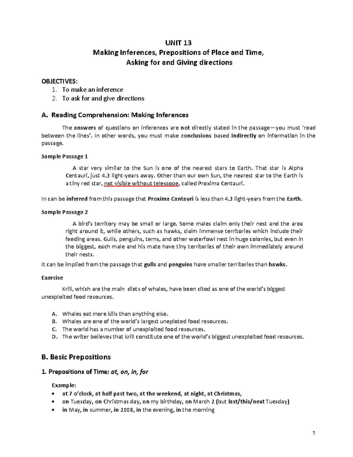 Making Inferences, Prepositions of Place and Time, Asking for and ...