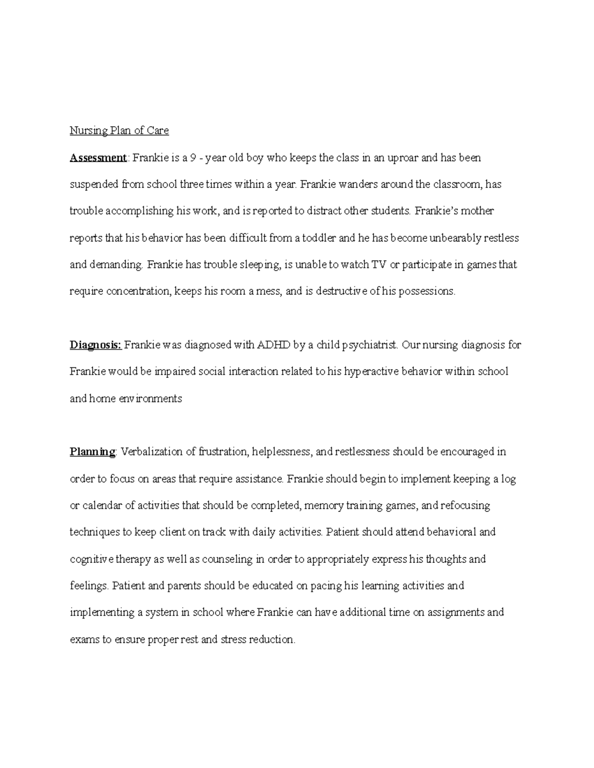ADHD Case Study Nursing Plan Of Care Assessment Frankie Is A 9