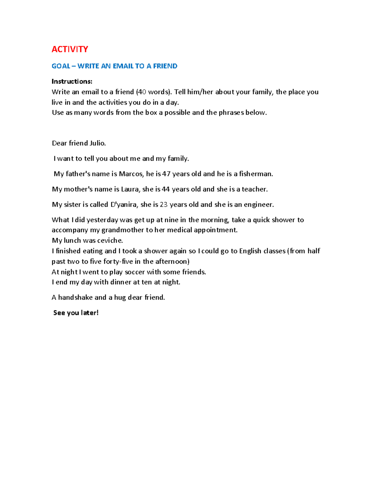 TAREA DE INGLÉS WRITING 1 TALKING ABOUT MYSELF - ACTIVITY GOAL – WRITE ...