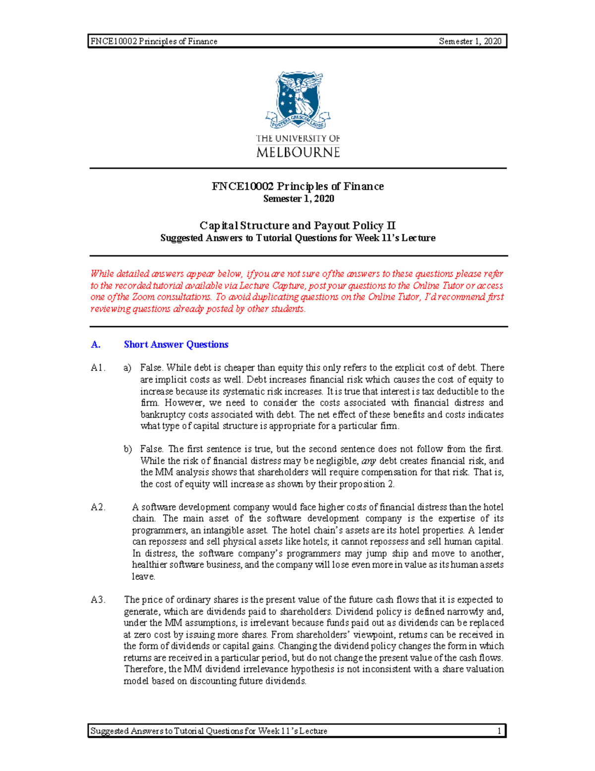 Tutorial 11 - Ans - FNCE10002 Principles of Finance Semester 1, 2020 ...