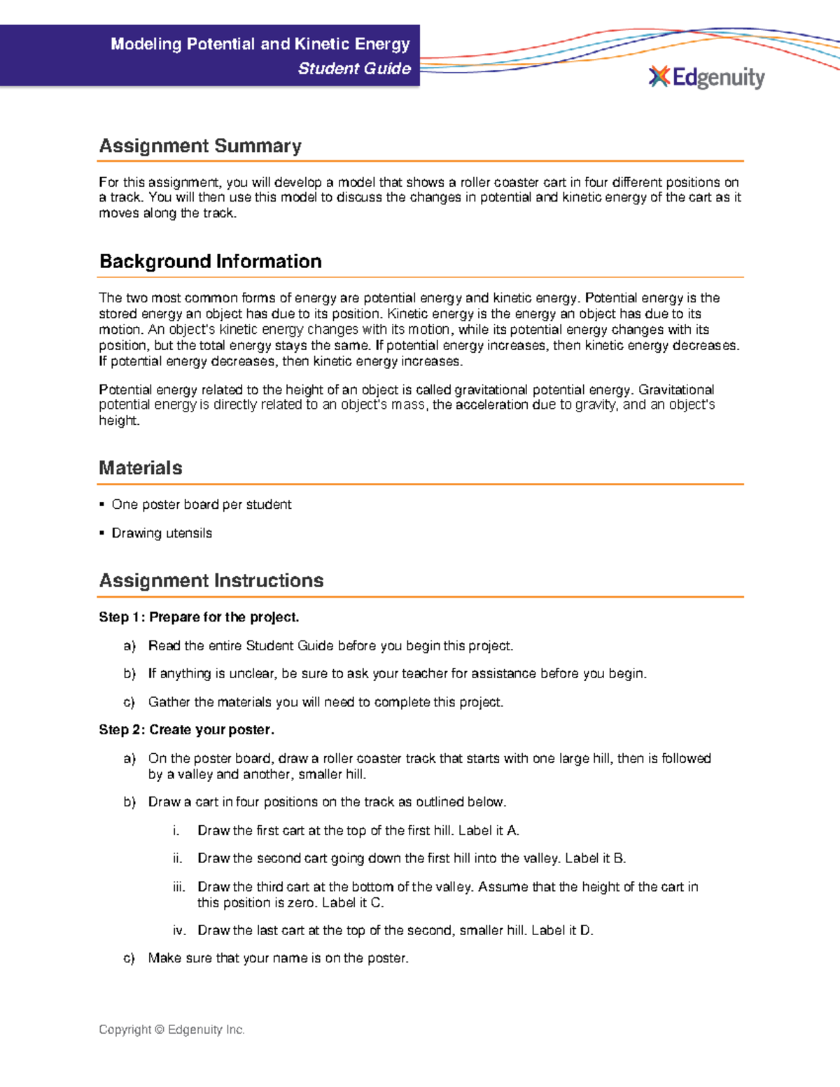 Project modeling potential and kinetic energy student guide - Copyright ...