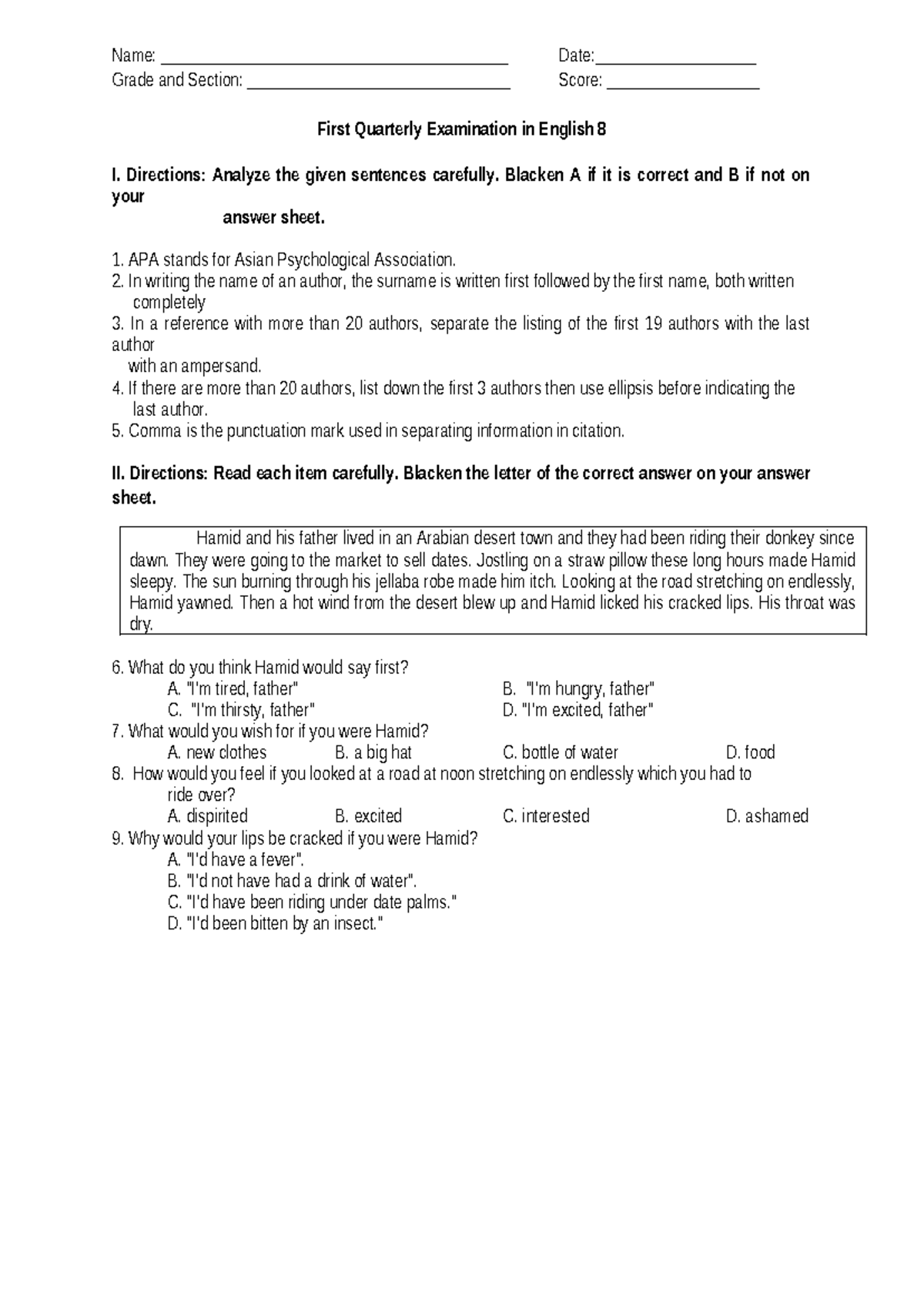 1st Quarterly Exam in English 8 - Name ...