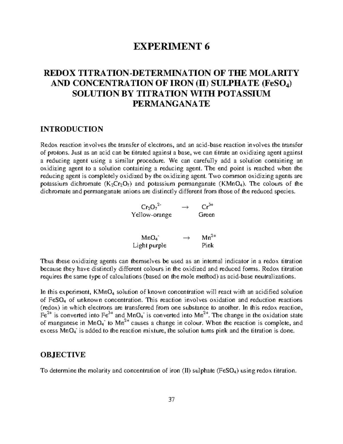 Report 6 - EXPERIMENT 6 REDOX TITRATION-DETERMINATION OF THE MOLARITY ...