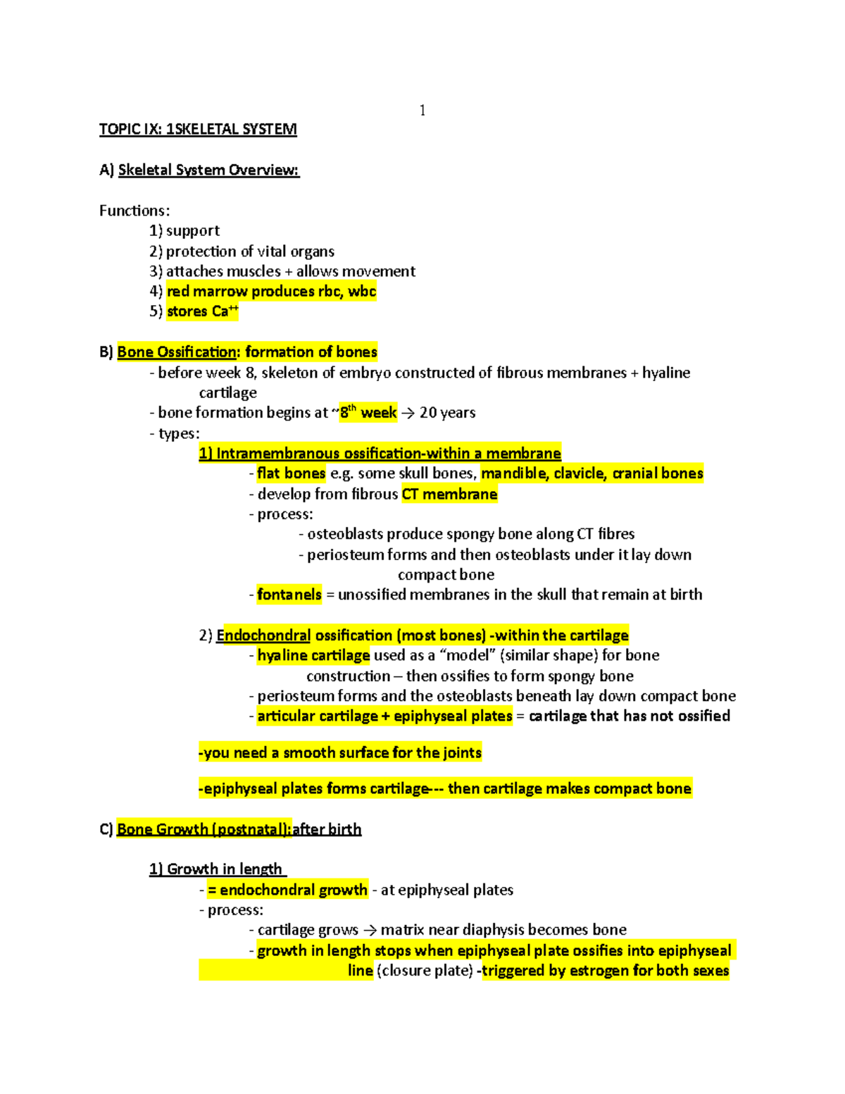 Topic IX Skeletal System - TOPIC IX: 1 SKELETAL SYSTEM A) Skeletal ...