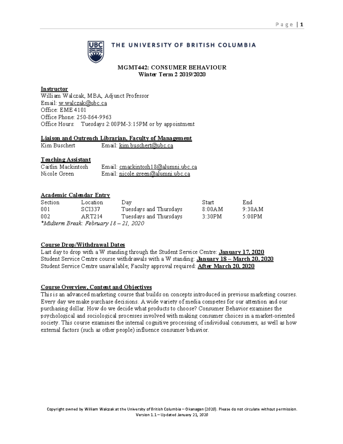 MGMT442 Consumer Behaviour Course Outline (January 2020) Walczak V1 ...