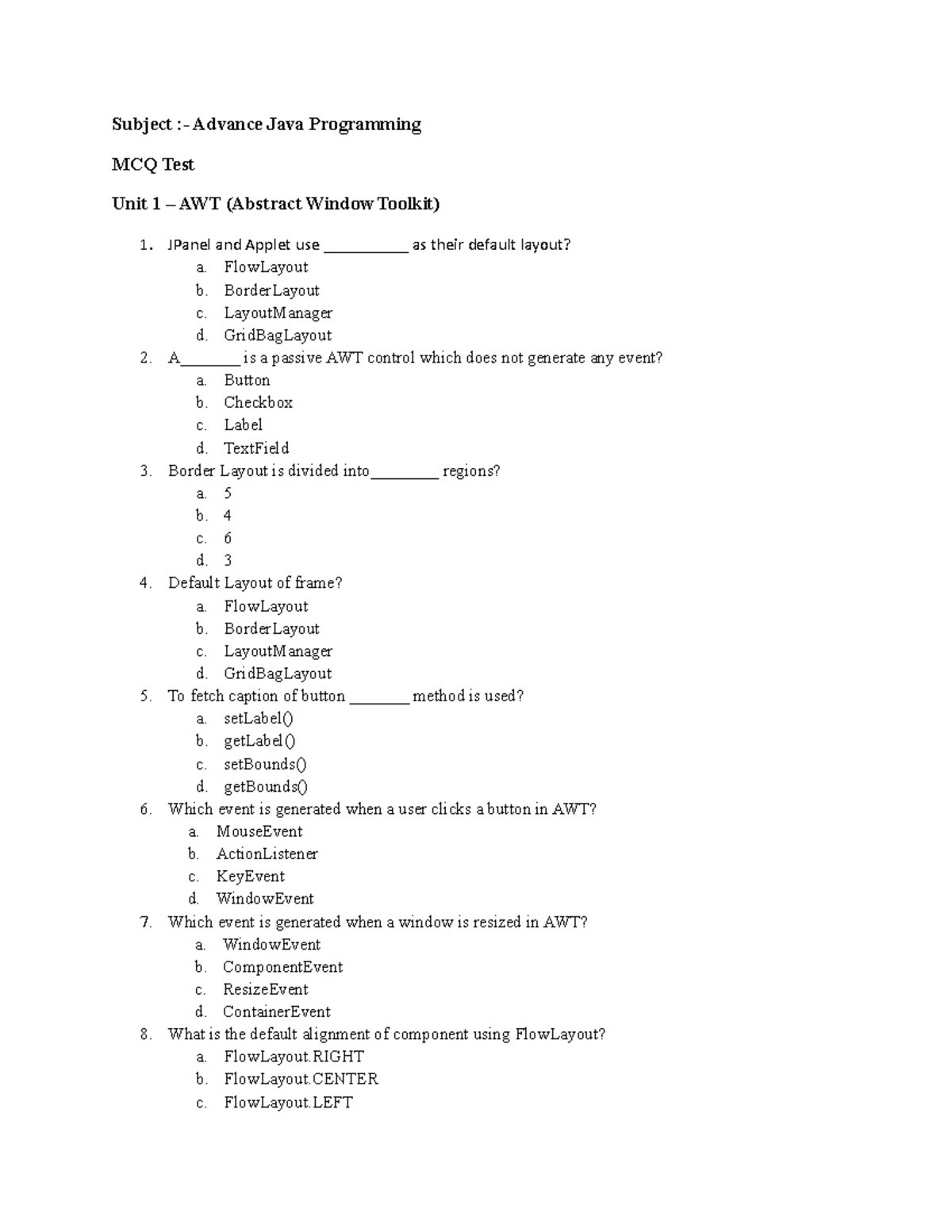 Unit1 MCQ - ok im happy - Subject :- Advance Java Programming MCQ Test ...