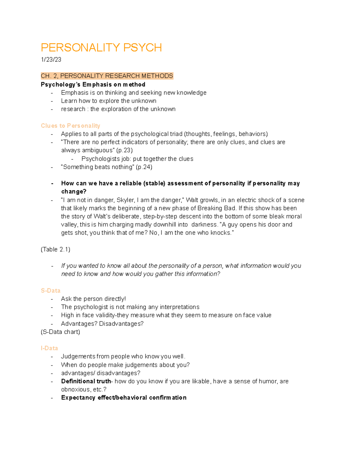 Personality psych ch 2 - notes - PERSONALITY PSYCH 1/23/ CH. 2 ...