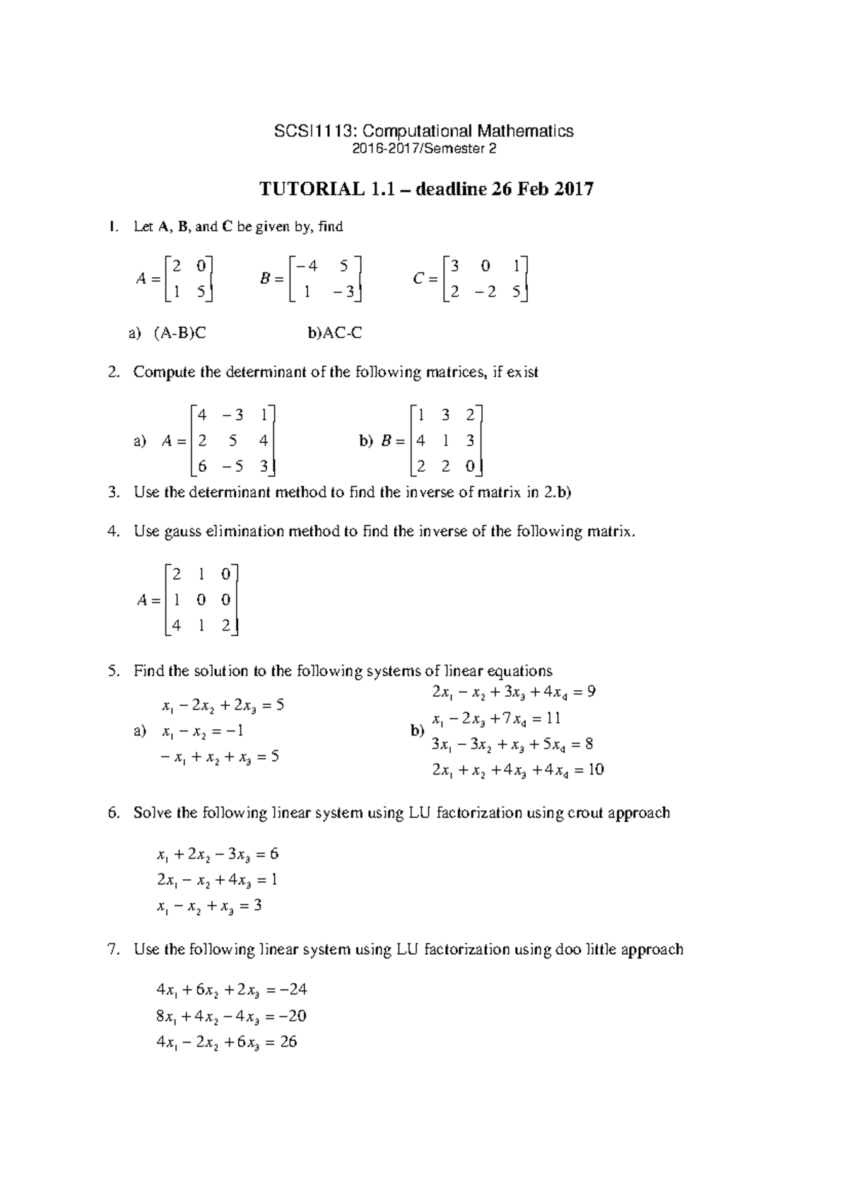 Tutorial 1 - SCSI1113: Computational Mathematics 2016-2017/Semester 2 TUTORIAL 1 – deadline 26 ...