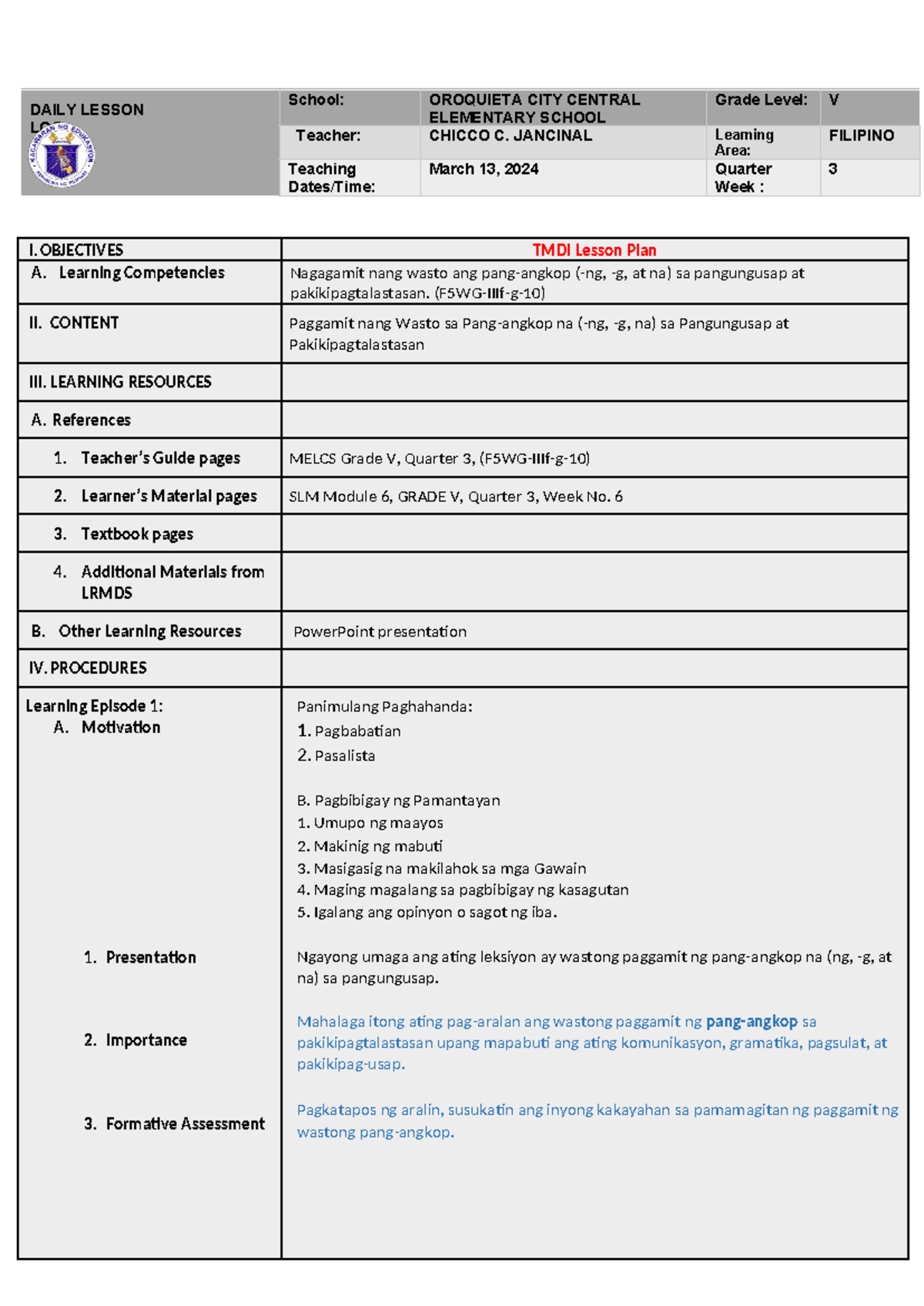 TMDI Chicco Filipino 1 - lesson plan - DAILY LESSON LOG School ...