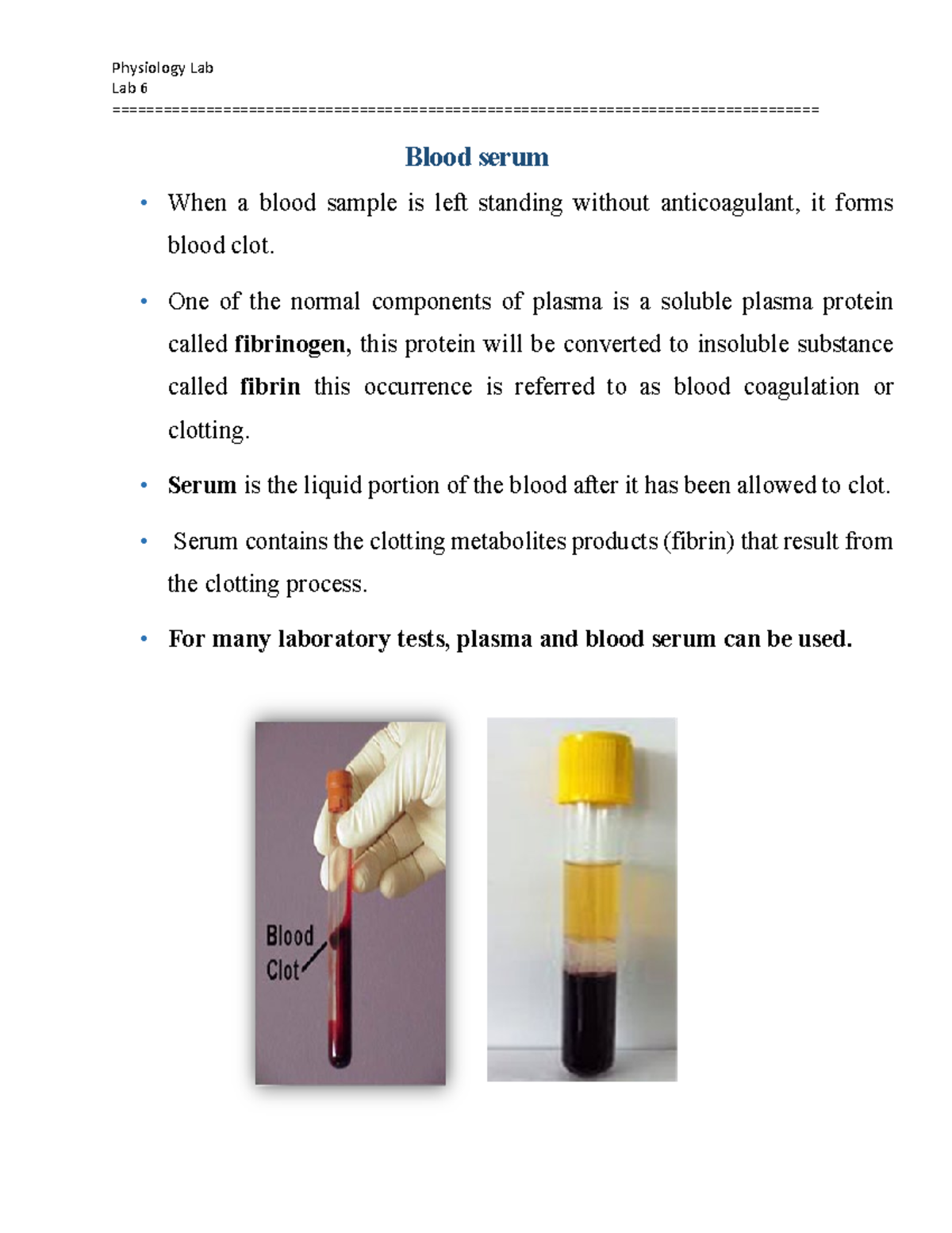 Blood serum - human physiology - Physiology Lab Lab - Studocu