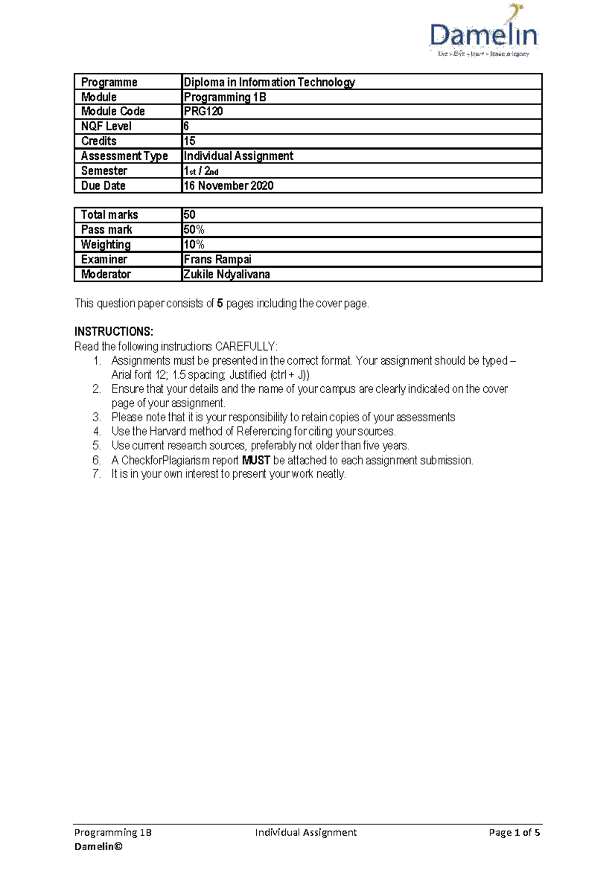 PRG120 1B DIP IT Assignment 01 2020 - Programme Diploma in Information Technology Module ...
