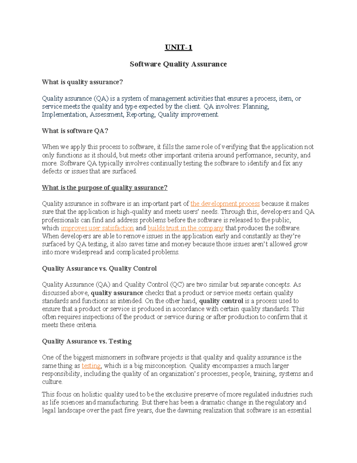 SQA UNIT-I - covered all syllabus - UNIT- Software Quality Assurance What is quality assurance ...