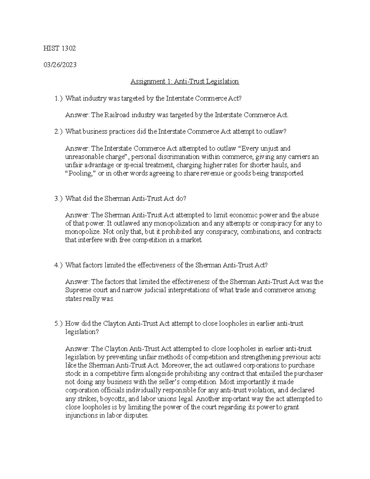 Assignment 1 - HIST 1302 03/26/ Assignment 1: Anti-Trust Legislation 1.) What industry was ...