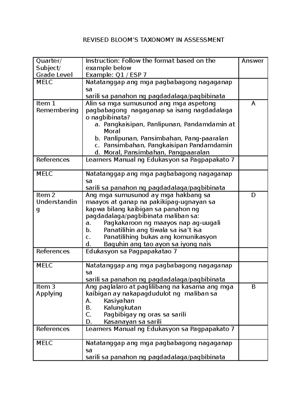 Revised Bloom Taxonomy Assessment Villalobos - REVISED BLOOM’S TAXONOMY ...