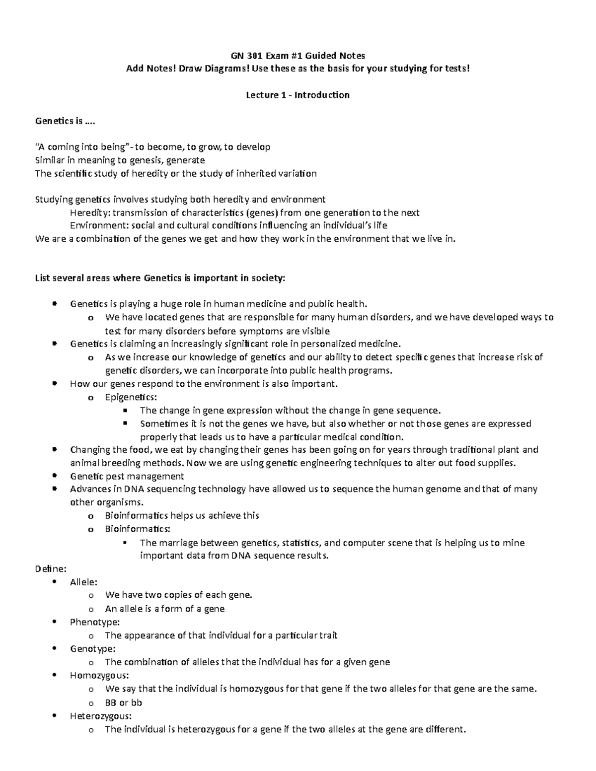 Test 1 guided notes - genetics, testing, basic inheritance, public ...
