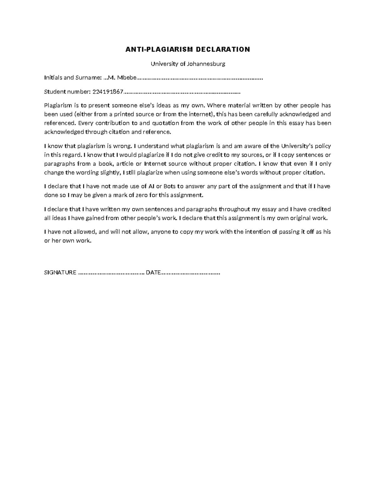 Anti-plagiarism declaration Law - ANTI-PLAGIARISM DECLARATION ...